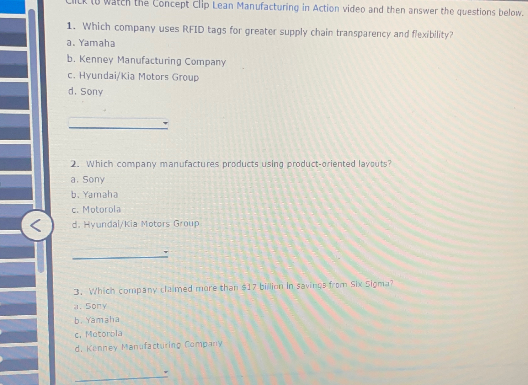 Solved watch the Concept Clip Lean Manufacturing in Action | Chegg.com