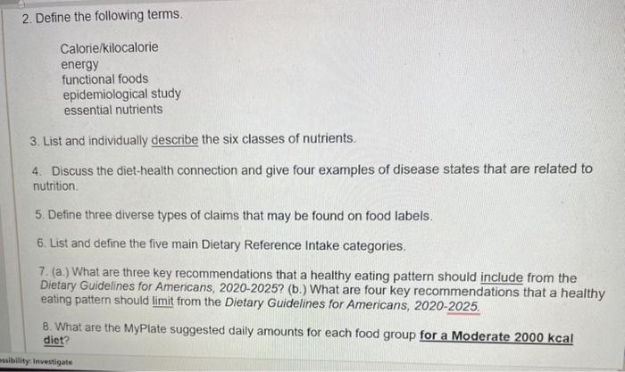 Solved 2. Define the following terms. Calorie/kilocalorie | Chegg.com