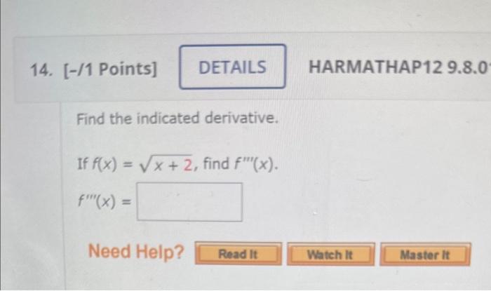 Solved Find the indicated derivative. If f(x)=x+2, find | Chegg.com