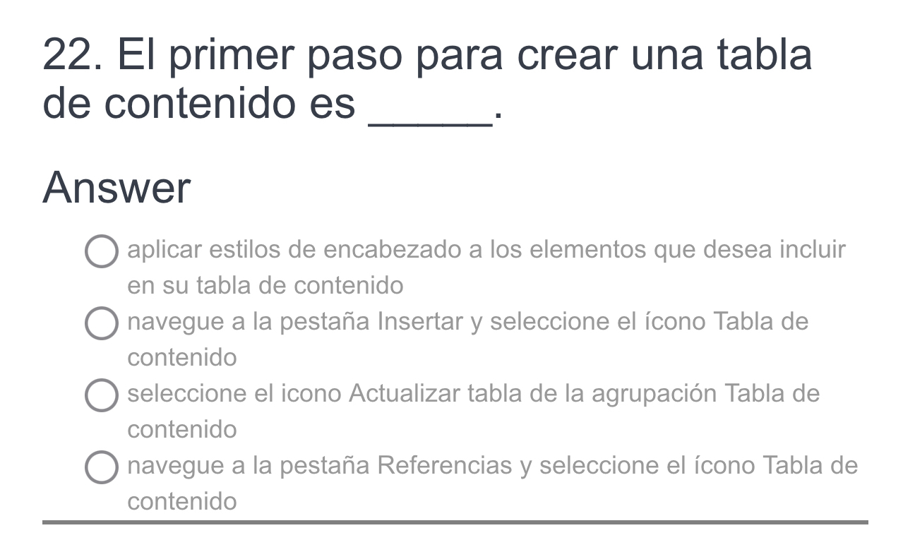 Solved El primer paso para crear una tabla de contenido | Chegg.com