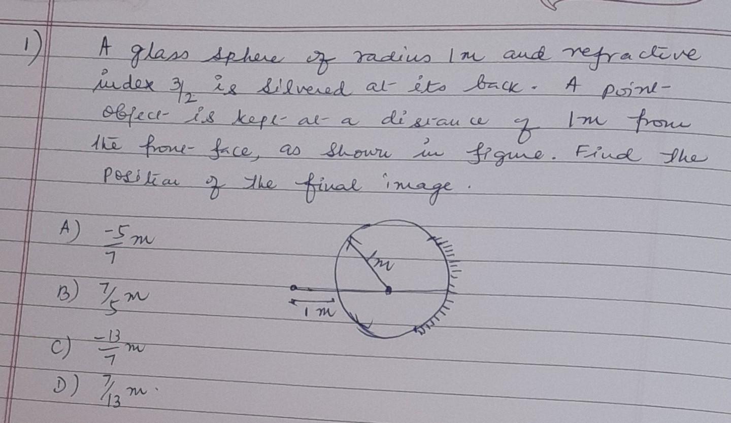 Solved A glass sphere of radius I m and refractive iudex 3/2 | Chegg.com