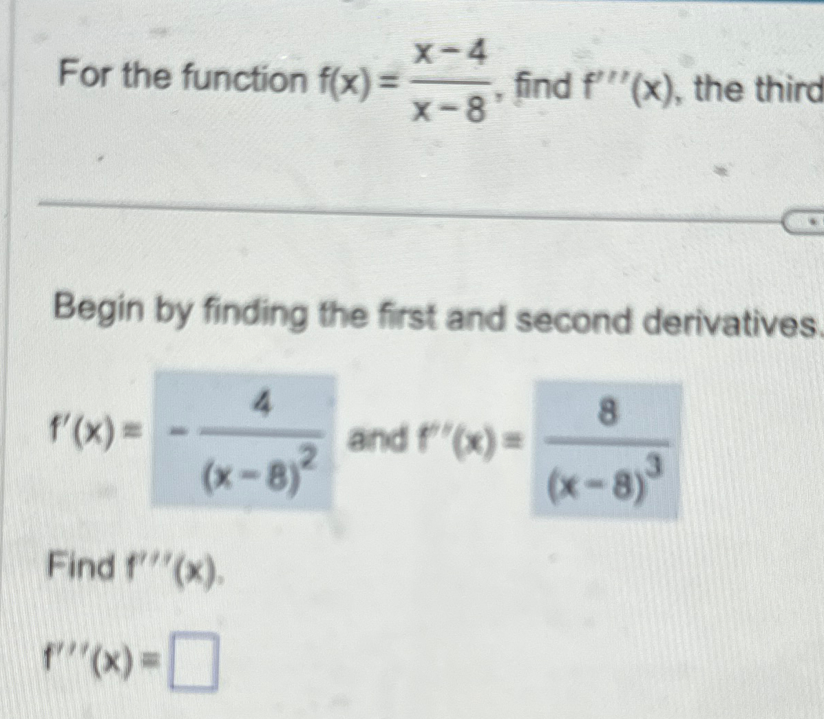 Solved For the function f(x)=x-4x-8, ﻿find f'''(x), ﻿the | Chegg.com