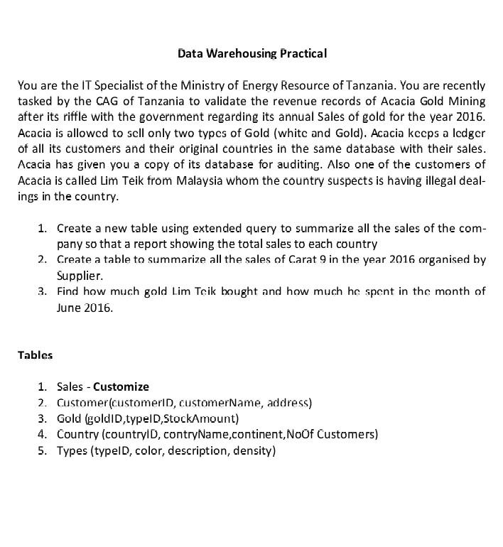 Solved Data Warehousing Practical You are the IT Specialist | Chegg.com