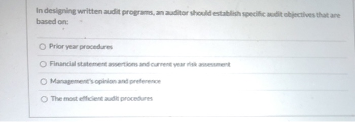 Solved In designing written audit programs, an auditor | Chegg.com