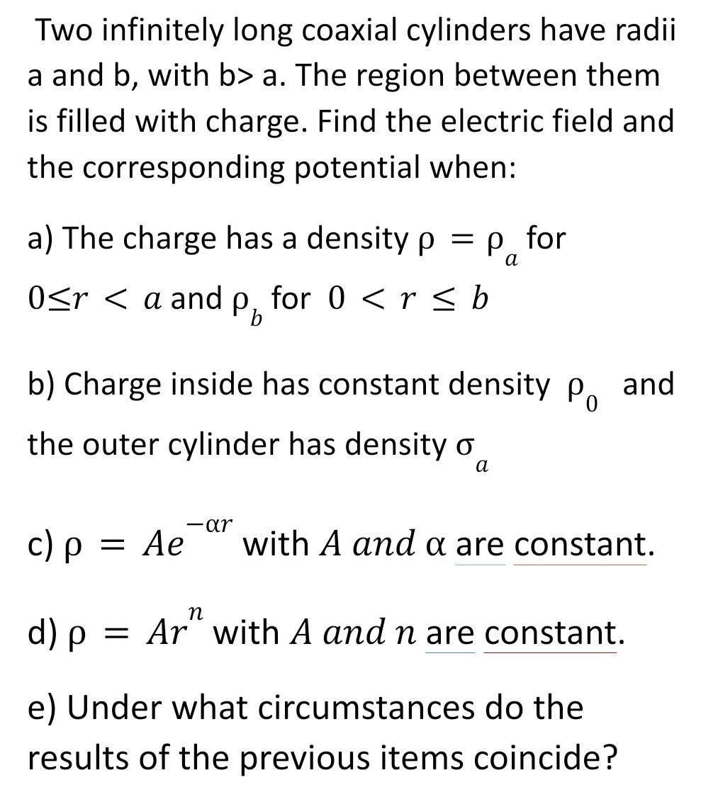 Solved Two infinitely long coaxial cylinders have radii a | Chegg.com