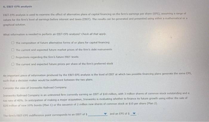 Solved 6. EBIT-EPS analysis EBIT EPS analysis is used to | Chegg.com