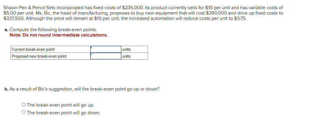 Solved Shawn Pen & Pencil Sets Incorporated has fixed costs | Chegg.com