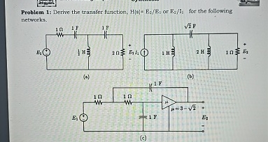 Solved Problem 1: Derive the transfer function, H|8|=E2E1 | Chegg.com