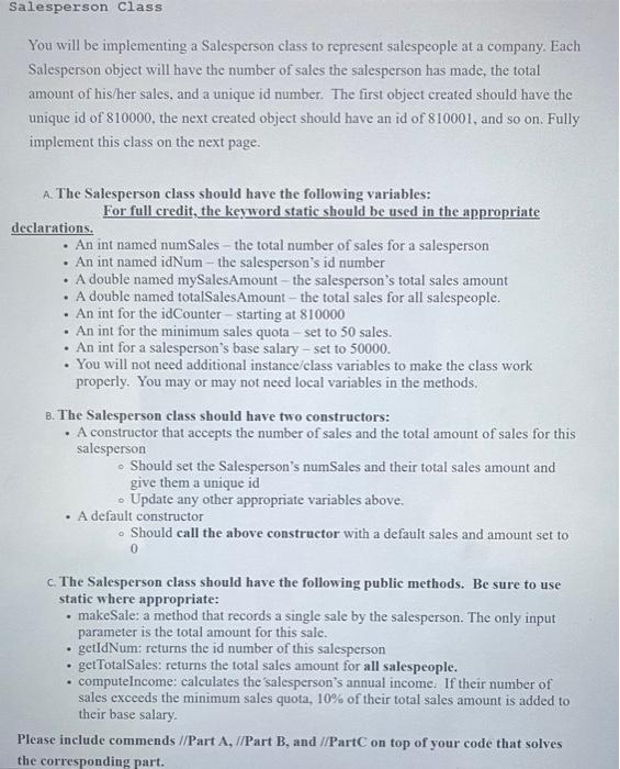 Solved Salesperson class You will be implementing a | Chegg.com