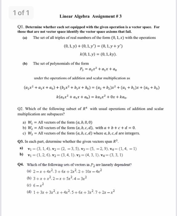 Solved 1 of 1 Linear Algebra Assignment #3 Q1. Determine | Chegg.com