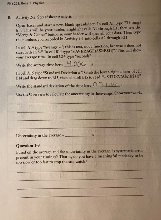 Solved Laboratory 1: Experimental Error and Spreadsheets X. | Chegg.com