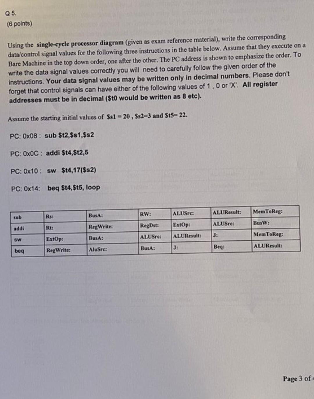 Solved ( 6 points) Using the single-cycle processor diagram | Chegg.com