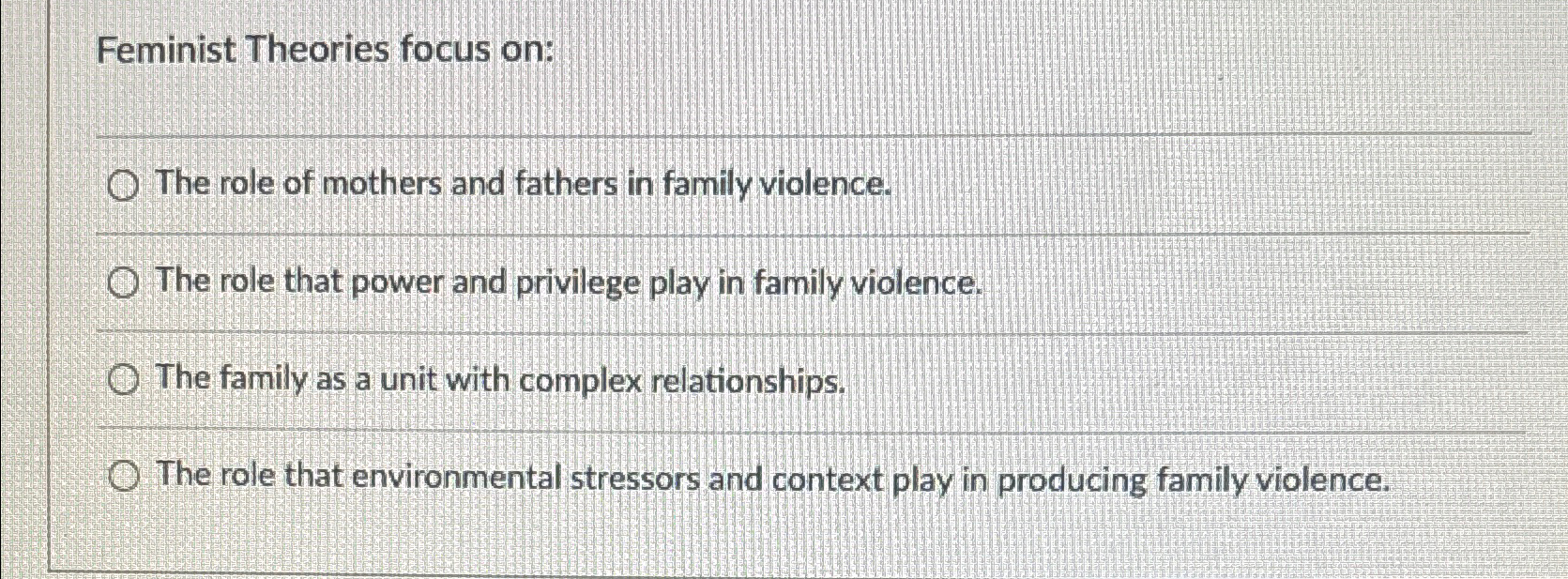 Solved Feminist Theories focus on:q,The role of mothers and | Chegg.com