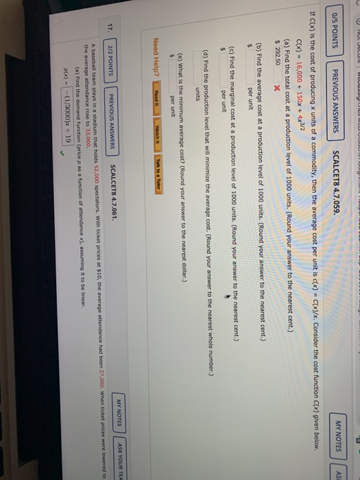 Solved 0/5 POINTS PREVIOUS ANSWERS SCALCET8 4.7.059. MY | Chegg.com