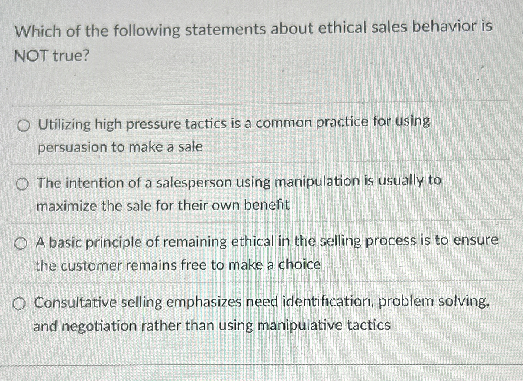 Solved Which of the following statements about ethical sales | Chegg.com