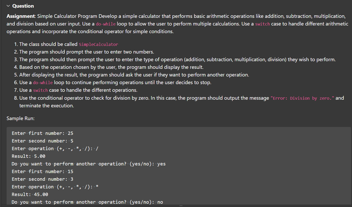 Question Assignment: Simple Calculator Program | Chegg.com