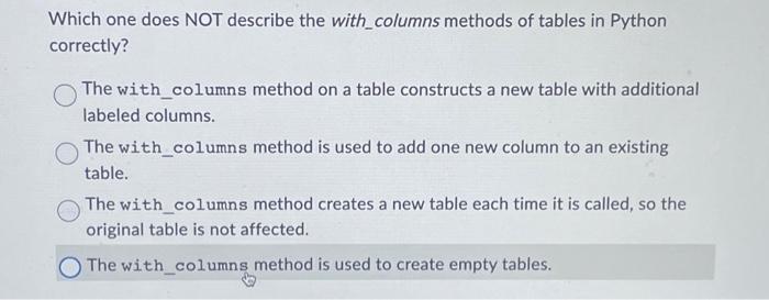 Solved Which one does NOT describe the with_columns methods | Chegg.com
