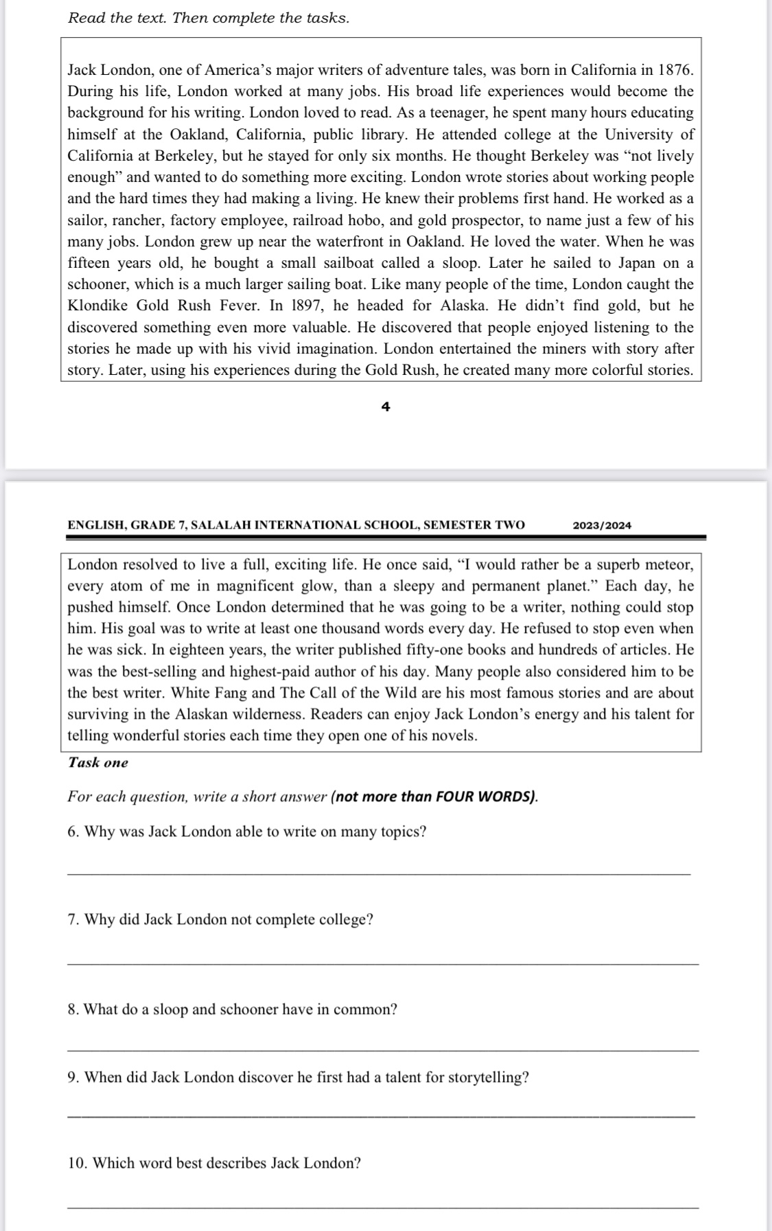 Solved Read the text. Then complete the tasks.Jack London, | Chegg.com
