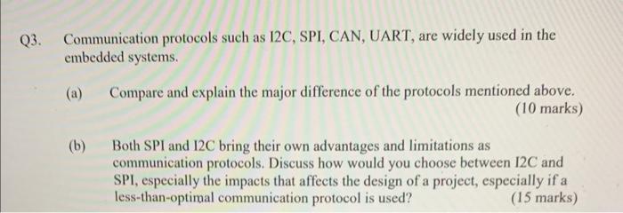 Solved Q3. Communication protocols such as I2C, SPI, CAN, | Chegg.com