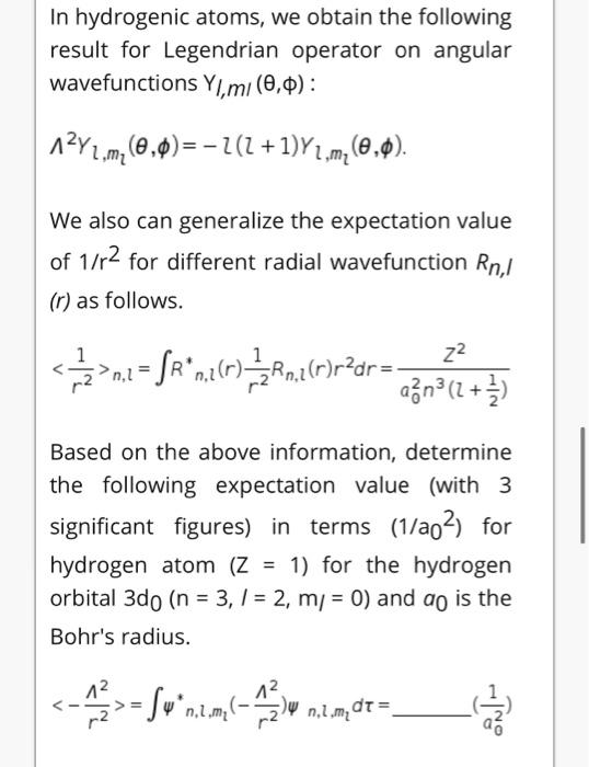Solved In hydrogenic atoms, we obtain the following result | Chegg.com