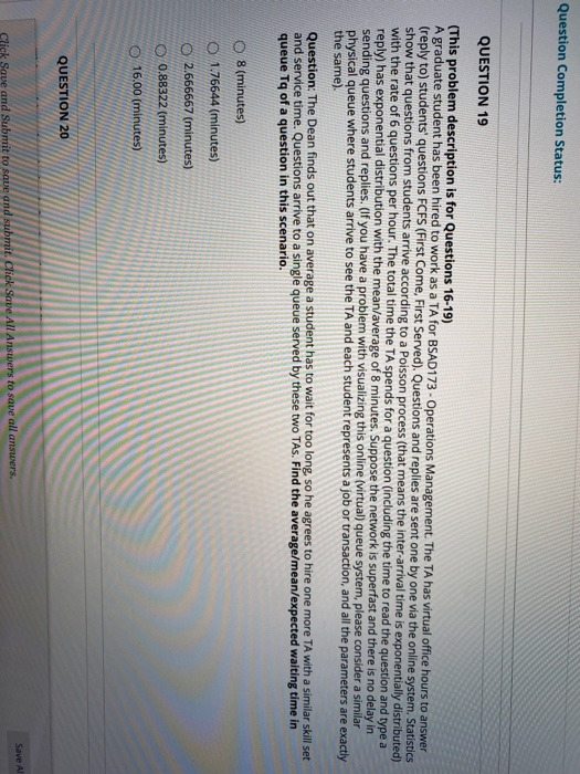 Solved Question Completion Status: QUESTION 19 (This problem | Chegg.com