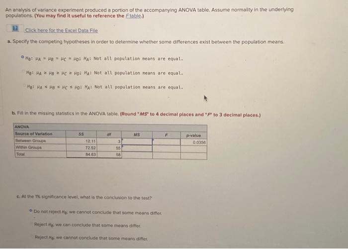 Solved An analysis of variance experiment produced a portion | Chegg.com