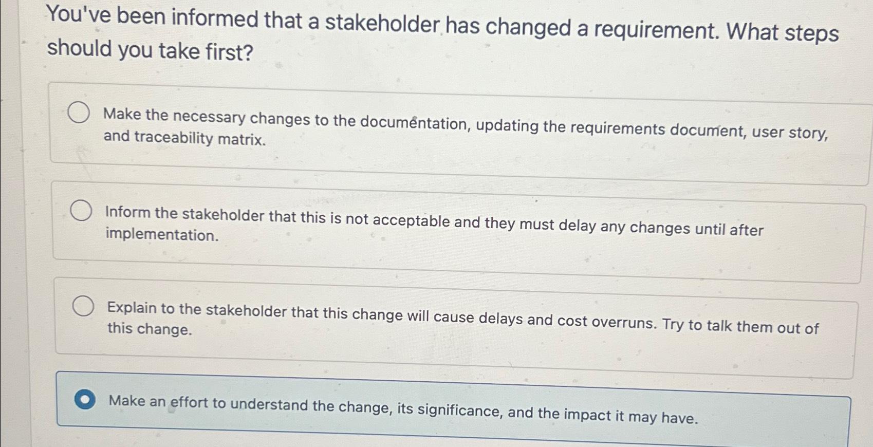 Solved You've been informed that a stakeholder has changed a | Chegg.com