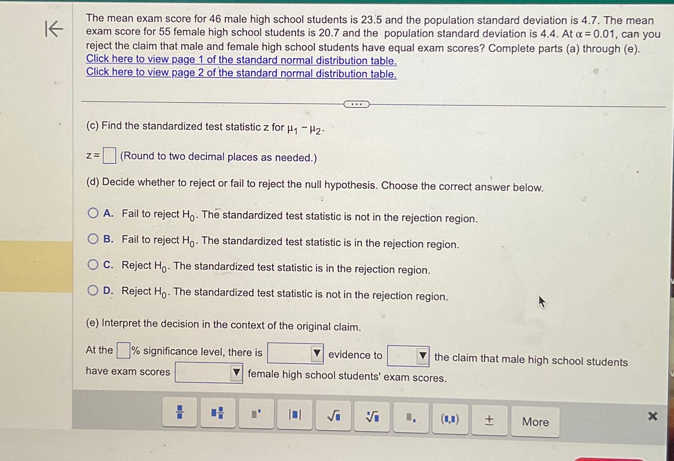 Solved The mean exam score for 46 ﻿male high school students | Chegg.com