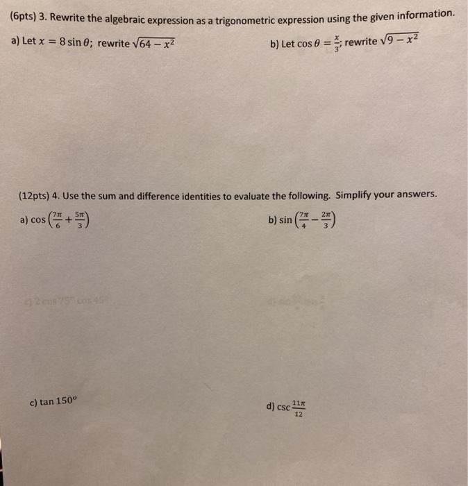 Solved (6pts) 3. Rewrite the algebraic expression as a | Chegg.com