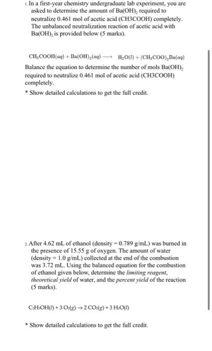 Solved In a first-year chemistry undergraduate lab | Chegg.com