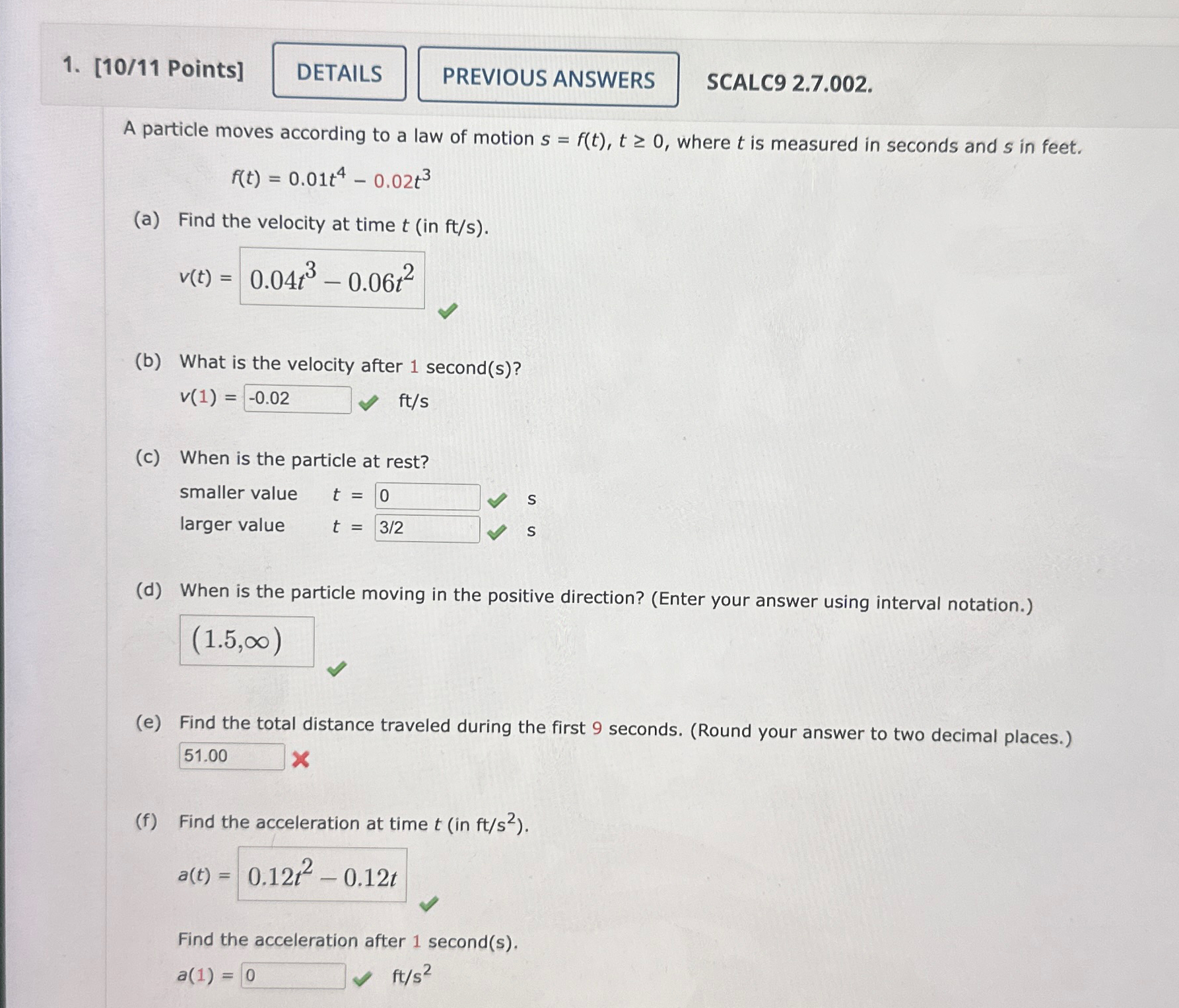 Solved SCALC9 2.7.002.A particle moves according to a law of | Chegg.com