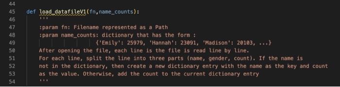 Solved def Load datafilev1(fn, name_counts): : paran fn: | Chegg.com
