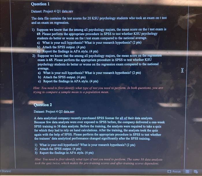 Question 2 Dataset: Project 4 Q2 data.say A data | Chegg.com