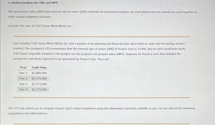 Solved 5. Understanding the IRR and NPV The net present | Chegg.com