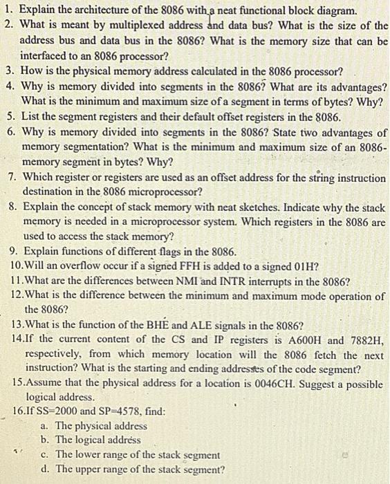 Solved 1. Explain the architecture of the 8086 with a neat | Chegg.com