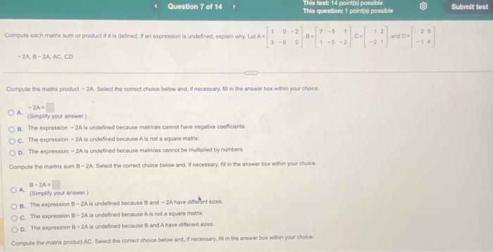 Solved −2A,B−2A,AC,CD Compute the matrix product -2A. Select | Chegg.com