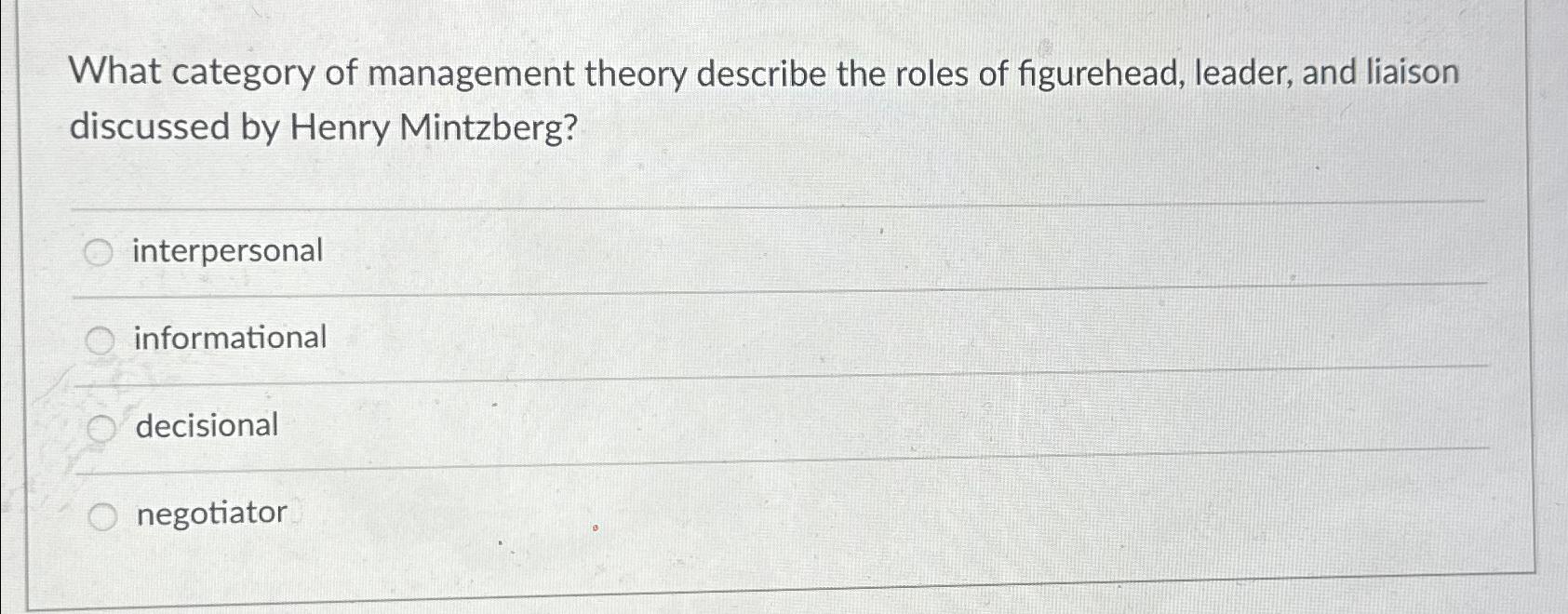 Solved What category of management theory describe the roles | Chegg.com