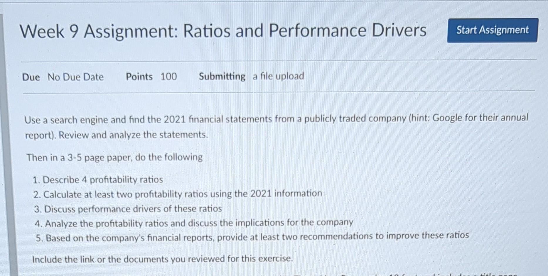 Solved Week 9 Assignment: Ratios and Performance Drivers Due | Chegg.com