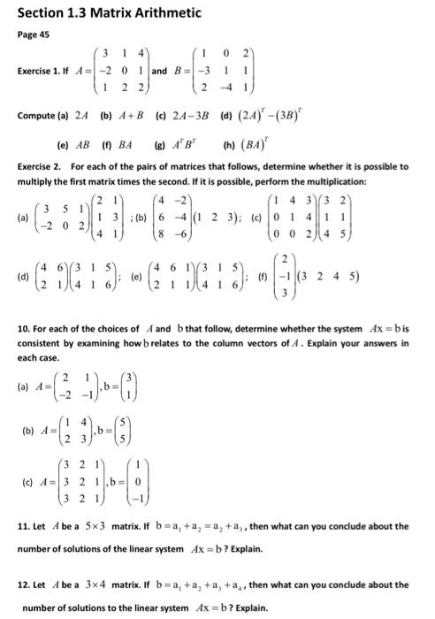 Solved Section 1.3 Matrix Arithmetic Page 45 Exercise 1. If | Chegg.com