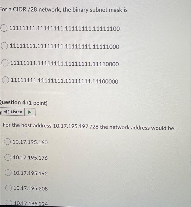 Solved For a CIDR/28 network, the binary subnet mask is | Chegg.com