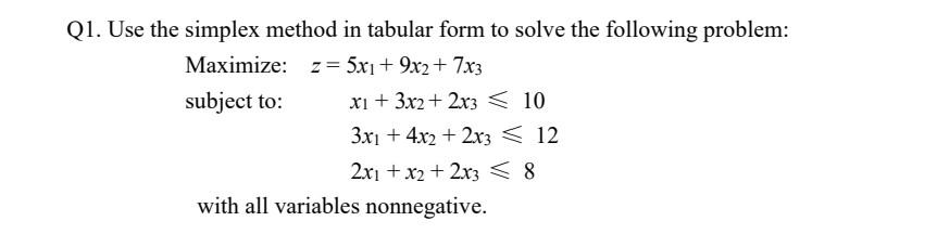 Solved Q1. Use the simplex method in tabular form to solve | Chegg.com