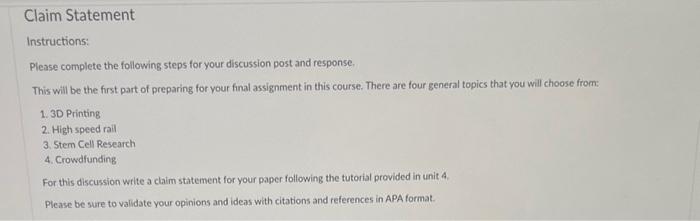 Claim Statement Instructions: Please complete the | Chegg.com