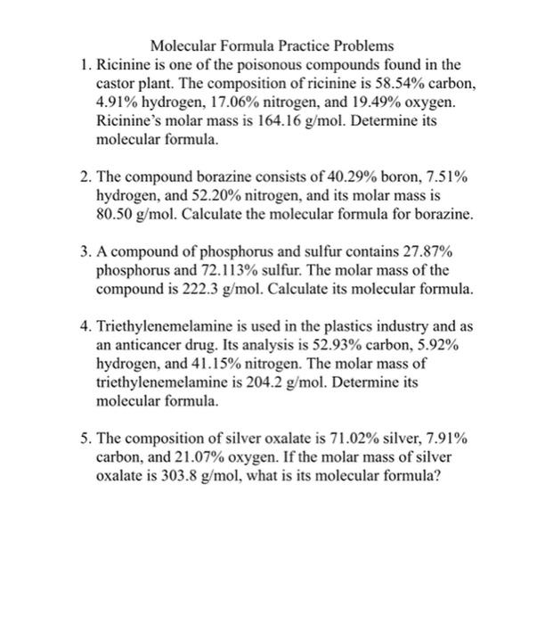 Solved Molecular Formula Practice Problems 1. Ricinine is | Chegg.com