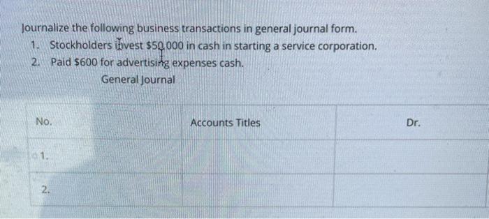 Solved Journalize the following business transactions in | Chegg.com