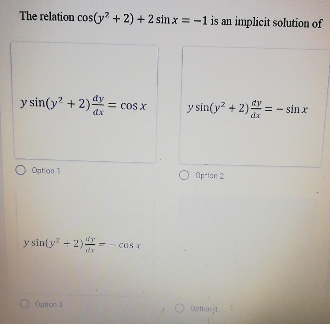Solved The relation cos(y2+2)+2sinx=−1 is an implicit | Chegg.com
