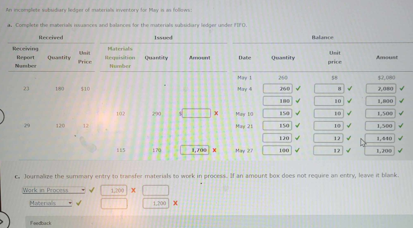 Solved An incomplete subsidiary ledger of materials | Chegg.com
