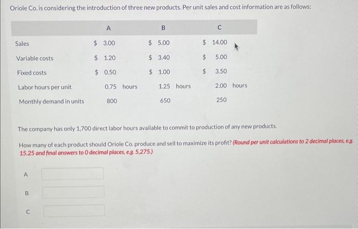 Solved Oriole Co. is considering the introduction of three | Chegg.com
