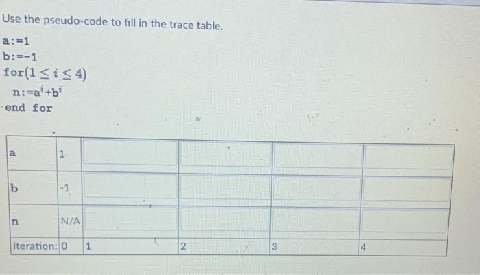 Solved Use The Pseudo Code To Fill In The Trace Table A1