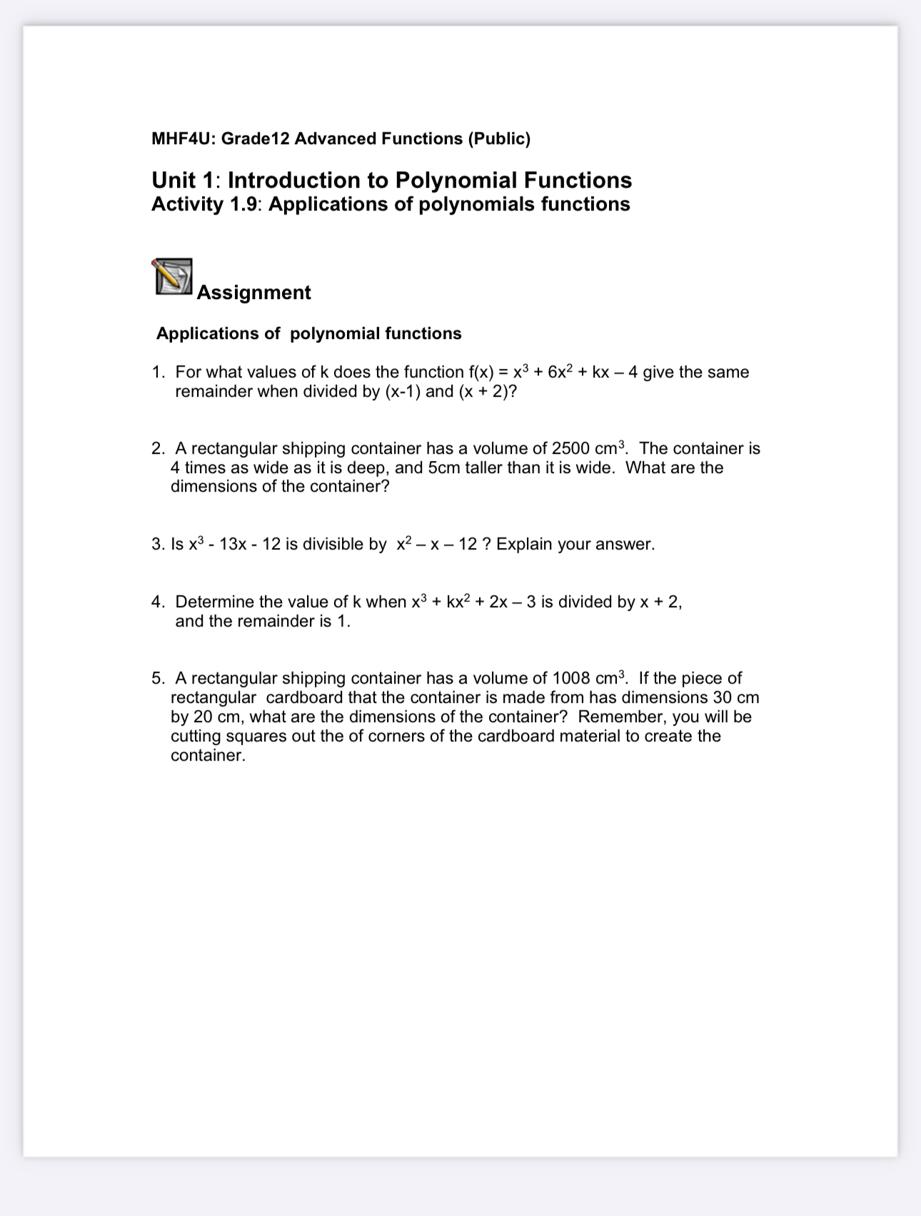 Solved Unit 1: Introduction to Polynomial Functions Activity | Chegg.com