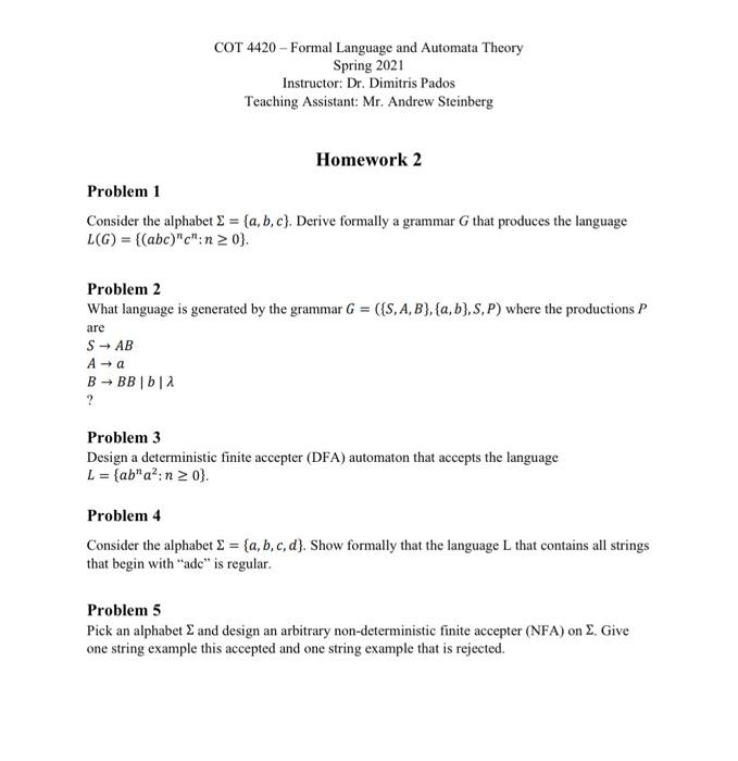 Solved Cot 4420 Formal Language And Automata Theory Spring 